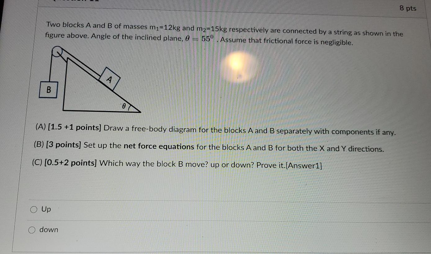Solved 8 pts Two blocks A and B of masses m1=12kg and | Chegg.com