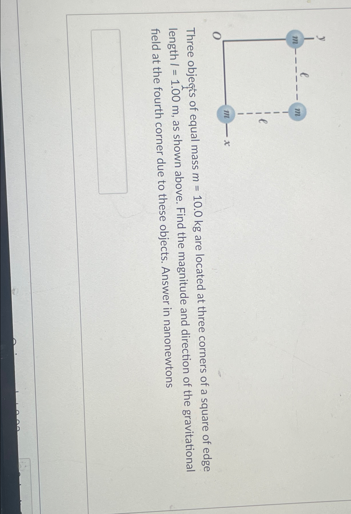 Solved Three objegis of equal mass m=10.0kg ﻿are located at | Chegg.com