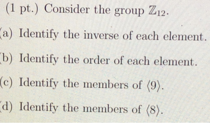 Solved (1 pt.) Consider the group Z12. a) Identify the | Chegg.com