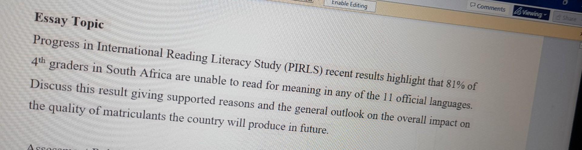 Essay Topic Progress in International Reading | Chegg.com