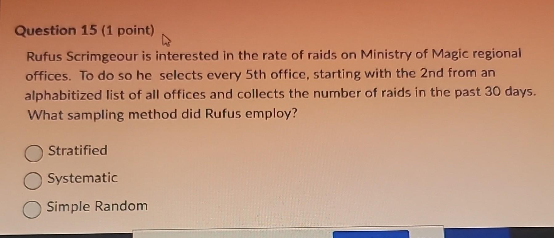 Solved Question 15 (1 point) Rufus Scrimgeour is interested | Chegg.com