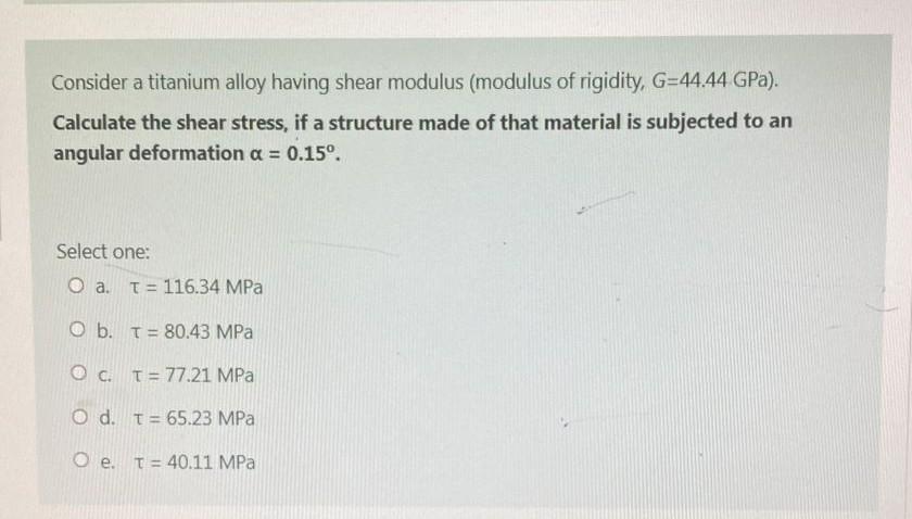 Solved Consider a titanium alloy having shear modulus | Chegg.com