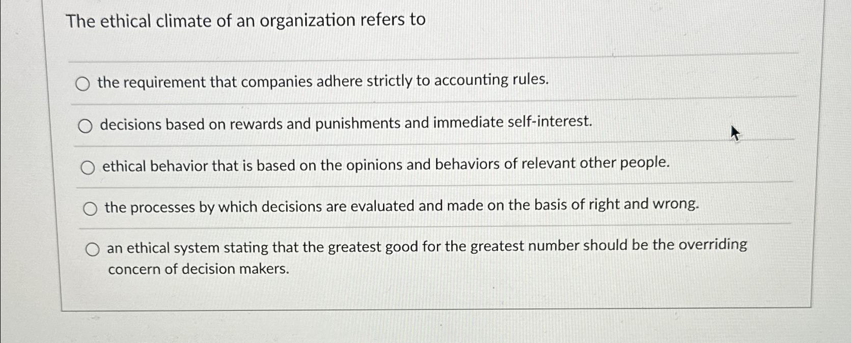 Solved The ethical climate of an organization refers tothe | Chegg.com