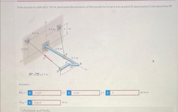 [Solved]: If the tension in cable ( D E ) is ( 745 math