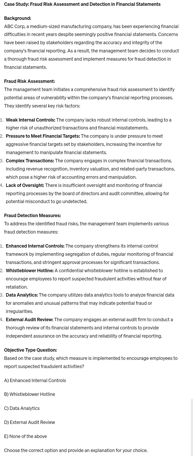 Solved Case Study: Fraud Risk Assessment and Detection in | Chegg.com