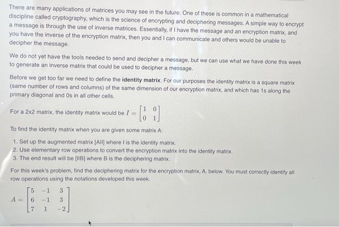 Solved There are many applications of matrices you may see | Chegg.com