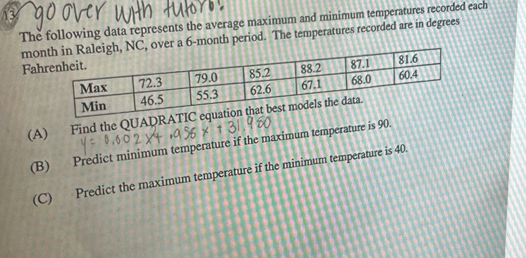 Solved The following data represents the average me | Chegg.com