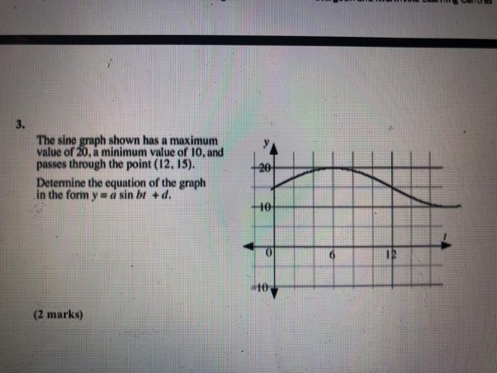 Solved 3. The sine graph shown has a maximum value of 20, a | Chegg.com