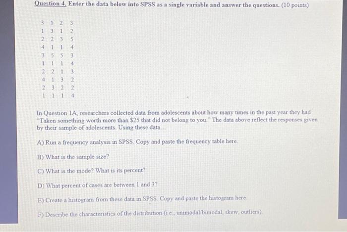 Solved Question 4. Enter the data below into SPSS as a | Chegg.com