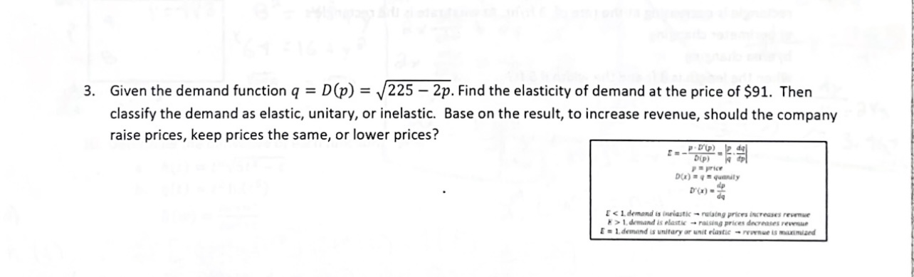 Solved Given the demand function q=D(p)=225-2p2. ﻿Find the | Chegg.com