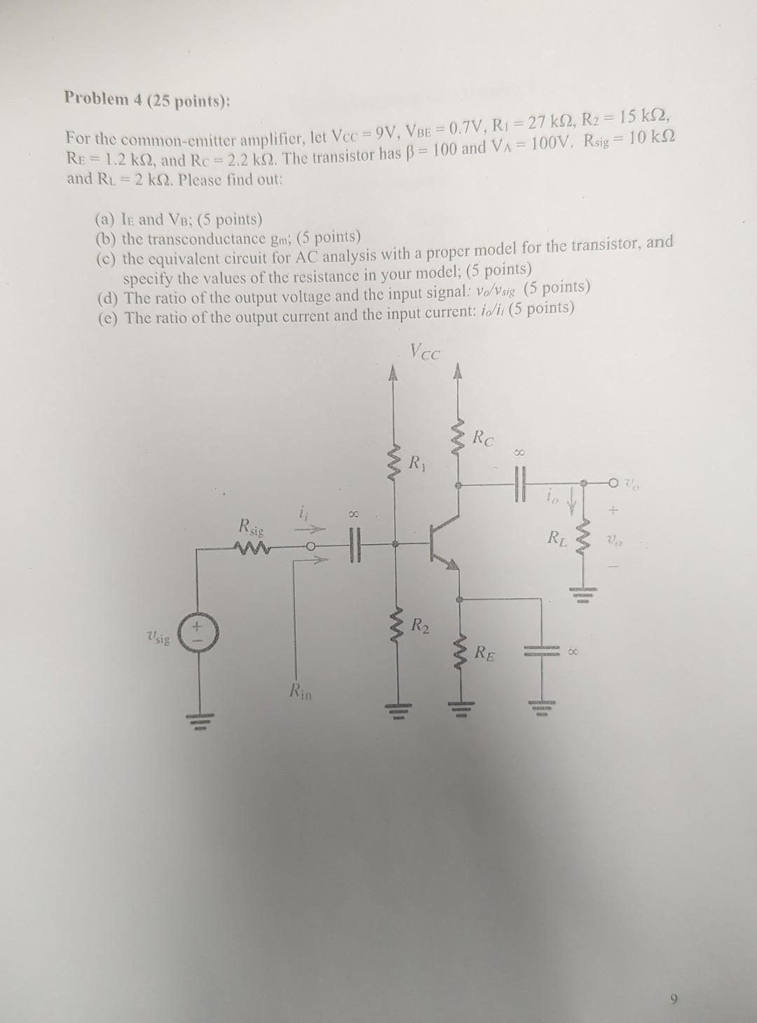 Solved Problem 4 (25 points): For the common-emitter | Chegg.com