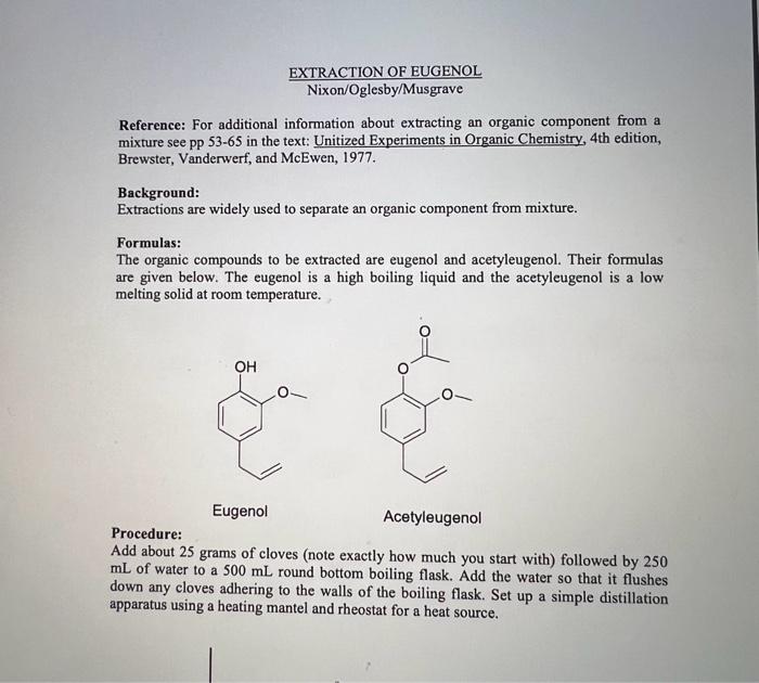 Solved EXTRACTION OF EUGENOL Nixon/Oglesby/Musgrave | Chegg.com