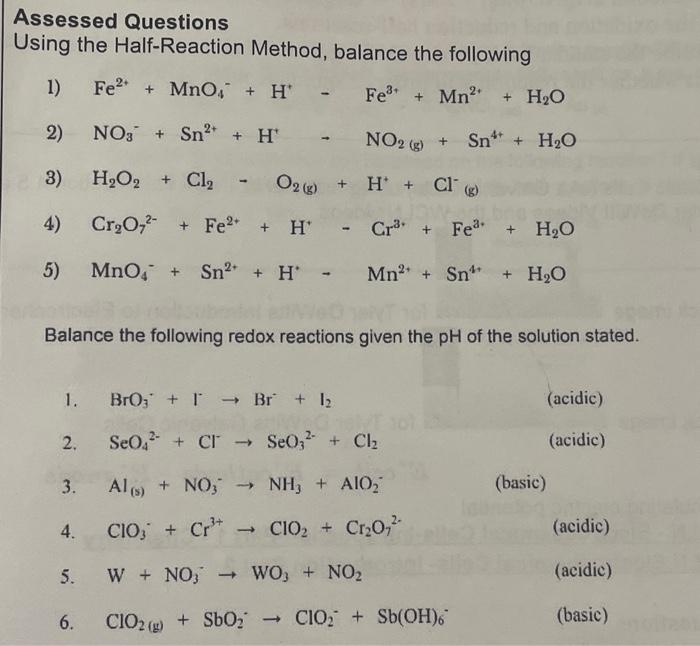 Solved Assessed Questions Using the Half-Reaction Method, | Chegg.com