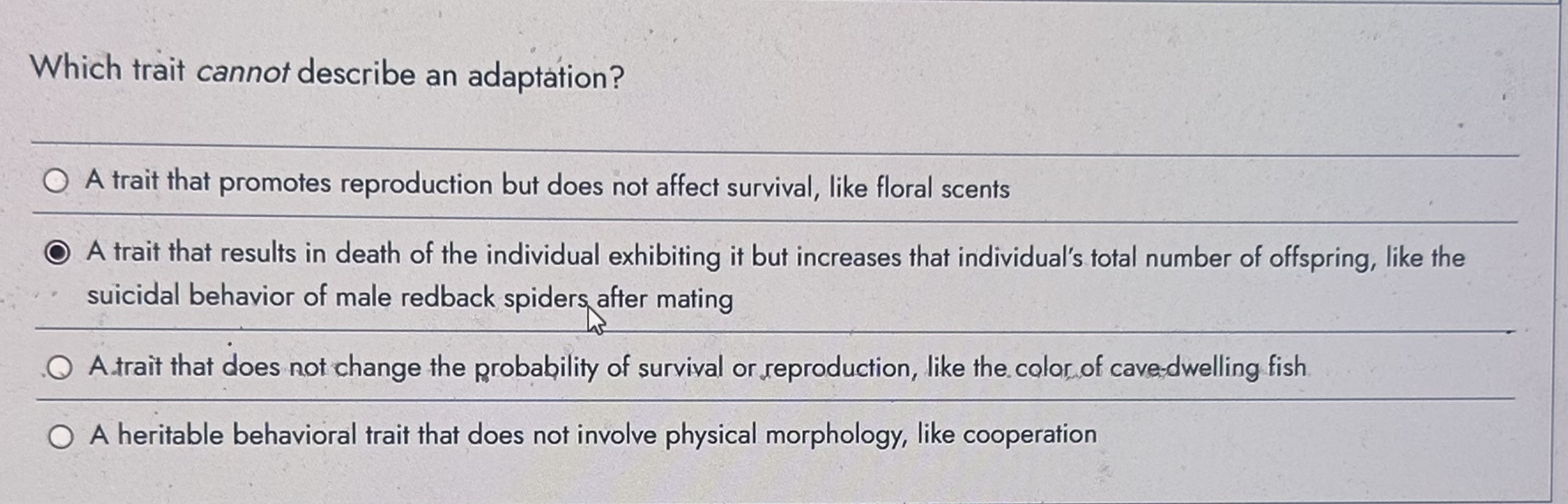 Solved Which trait cannot describe an adaptation? A trait | Chegg.com