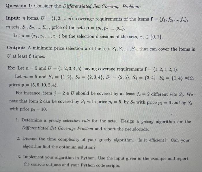 Solved Question 1: Consider the Differentiated Set Coverage | Chegg.com