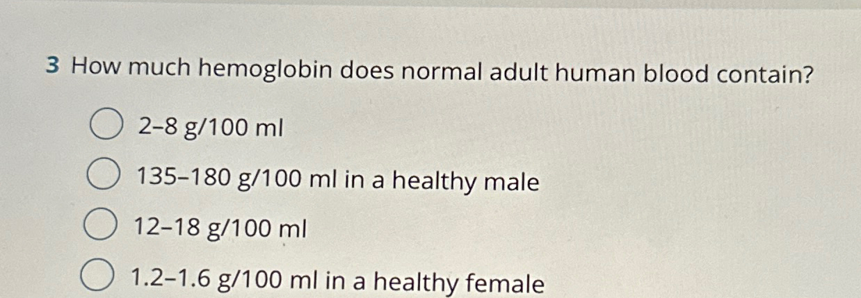 Solved 3 ﻿How much hemoglobin does normal adult human blood | Chegg.com