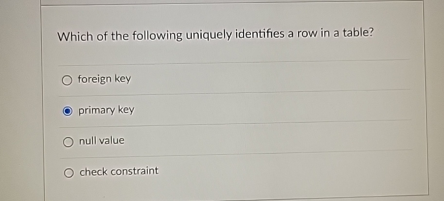 Solved Which of the following uniquely identifies a row in a | Chegg.com
