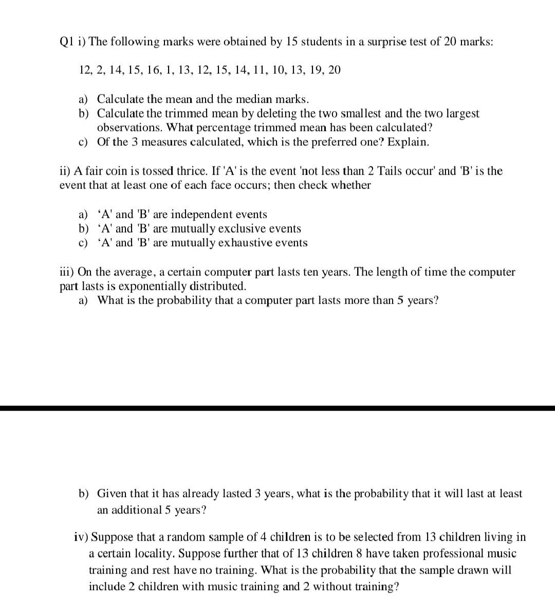 Solved Q1 i) The following marks were obtained by 15 | Chegg.com