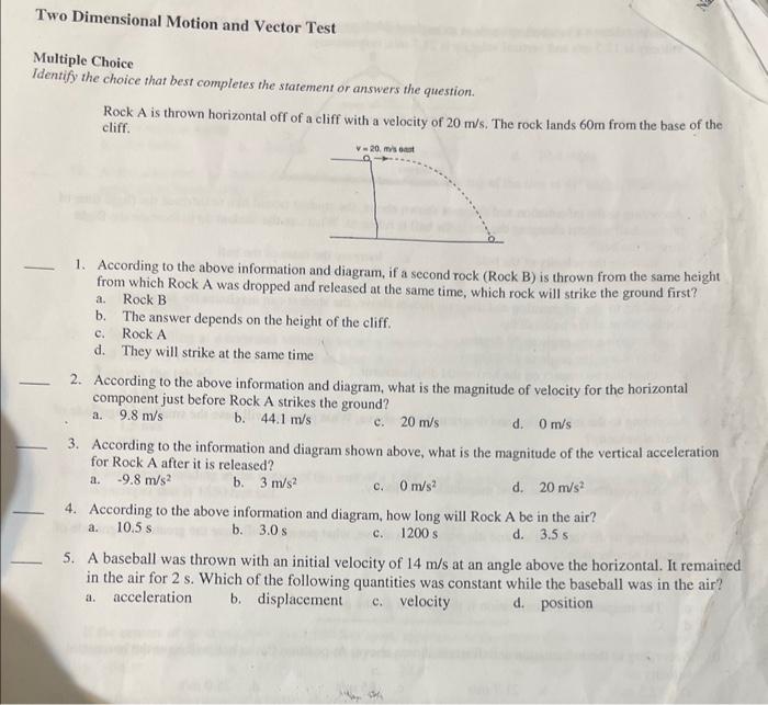 Solved Two Dimensional Motion and Vector Test Multiple | Chegg.com