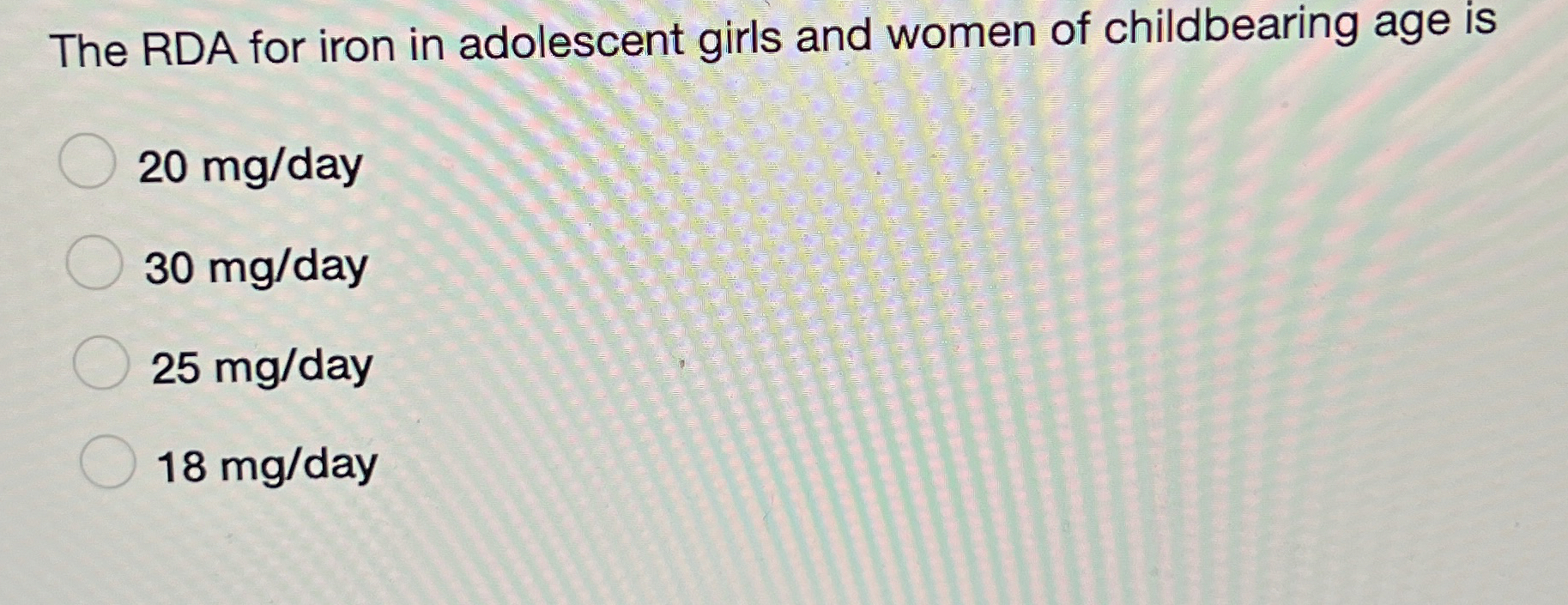 Solved The RDA for iron in adolescent girls and women of | Chegg.com
