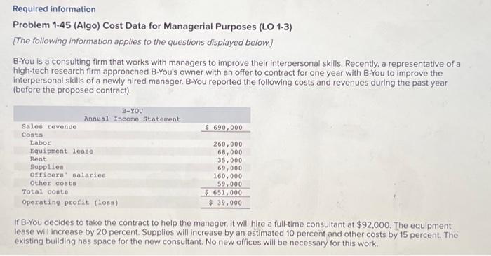 Solved Required information Problem 1-45 (Algo) Cost Data | Chegg.com