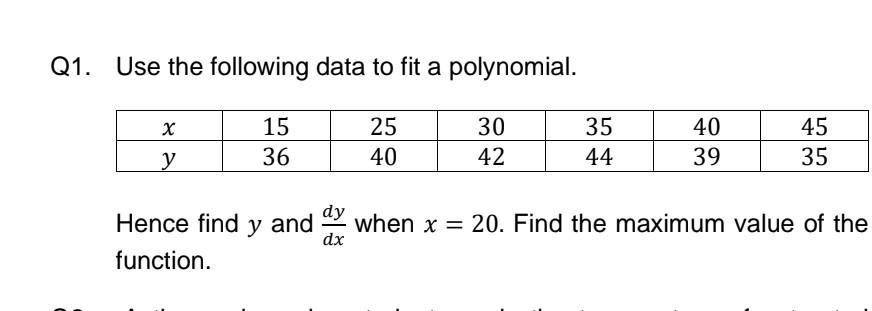 Solved Q1. Use the following data to fit a polynomial. Hence | Chegg.com