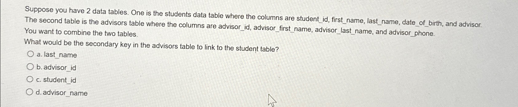 Solved Suppose you have 2 ﻿data tables. One is the students | Chegg.com