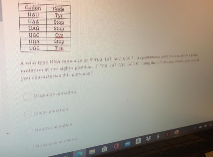 Solved Code Codon YAU VAA UAG Stop Stop UGC Cys Stop UGA UGG | Chegg.com