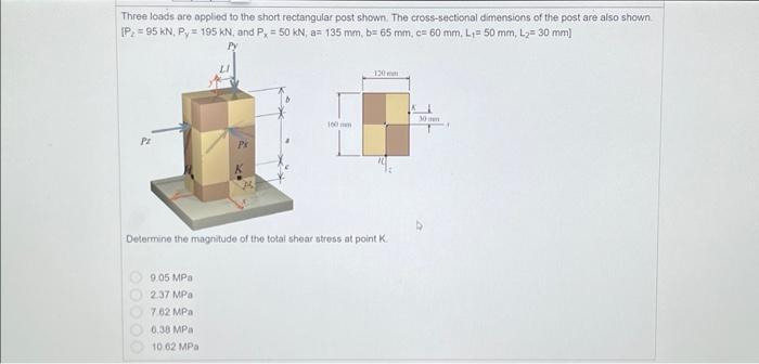 Solved Three loads are applied to the short rectangular post | Chegg.com