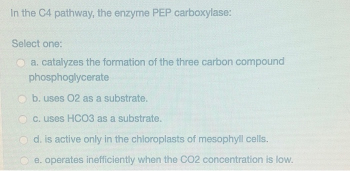Solved In the C4 pathway, the enzyme PEP carboxylase: Select | Chegg.com