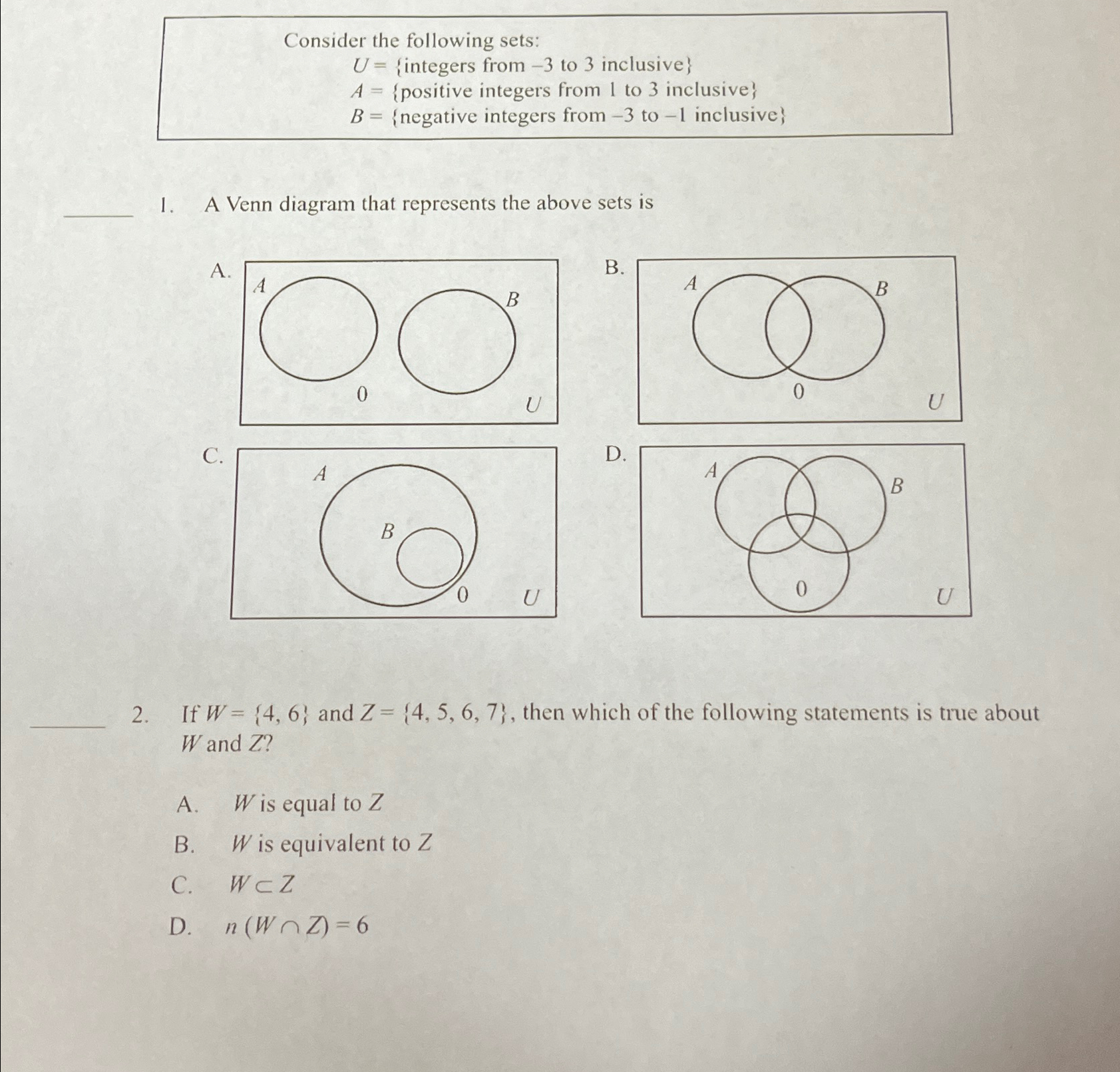 Solved Consider the following sets:U= ﻿integers from -3 ﻿to | Chegg.com