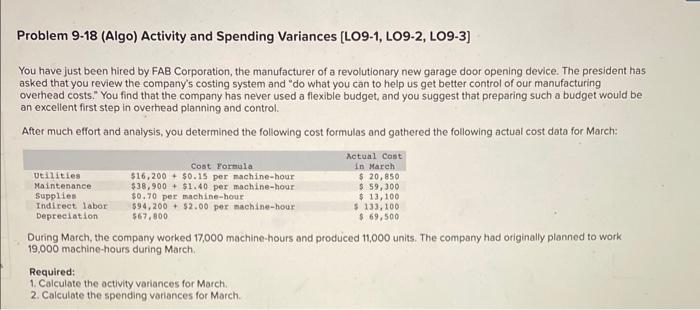 Solved Problem 9-18 (Algo) Activity and Spending Variances | Chegg.com