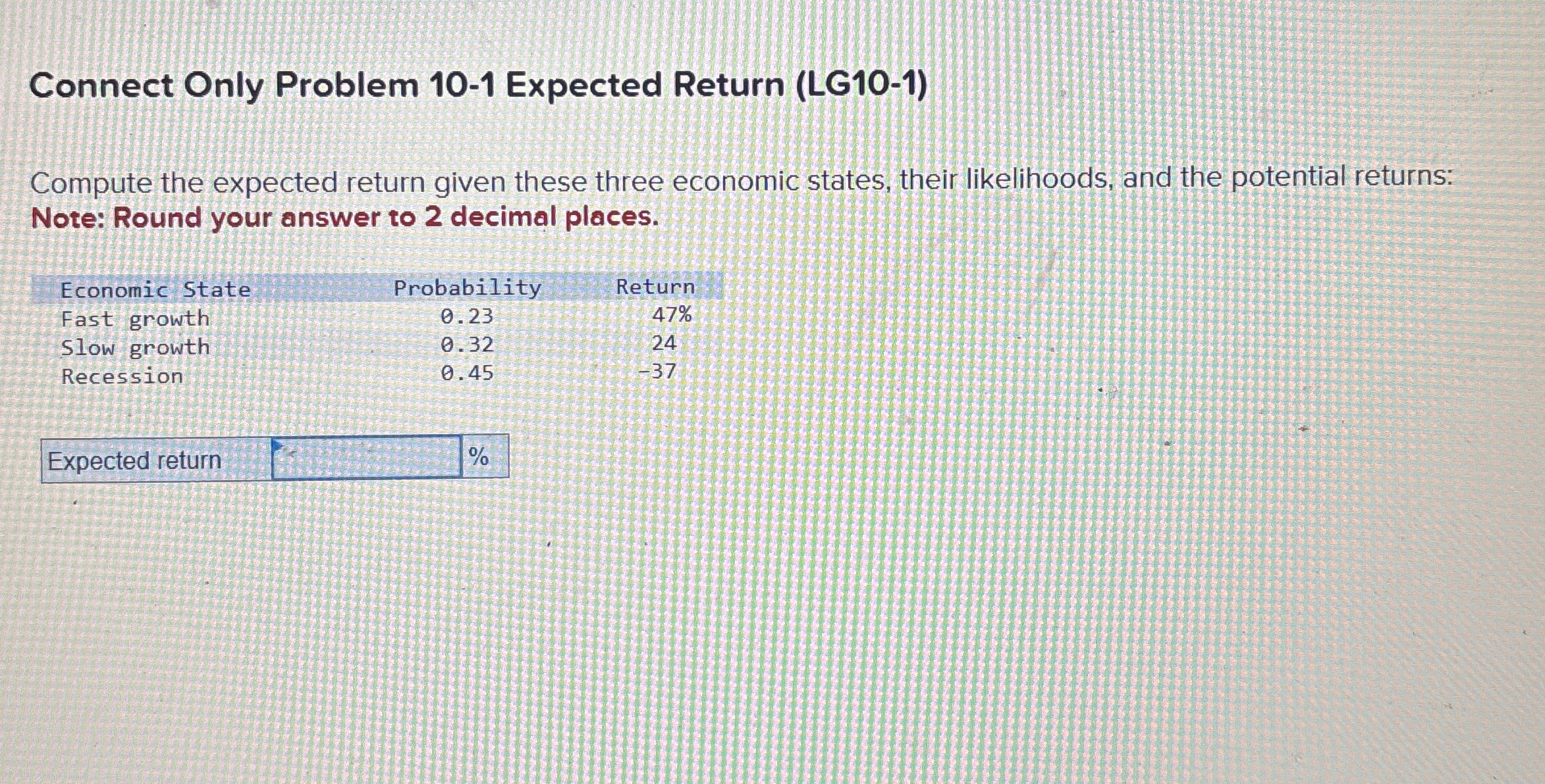 Solved Connect Only Problem 10-1 Expected Return | Chegg.com Solved Connect Only Problem 10-1 Expected Return | Chegg.com
