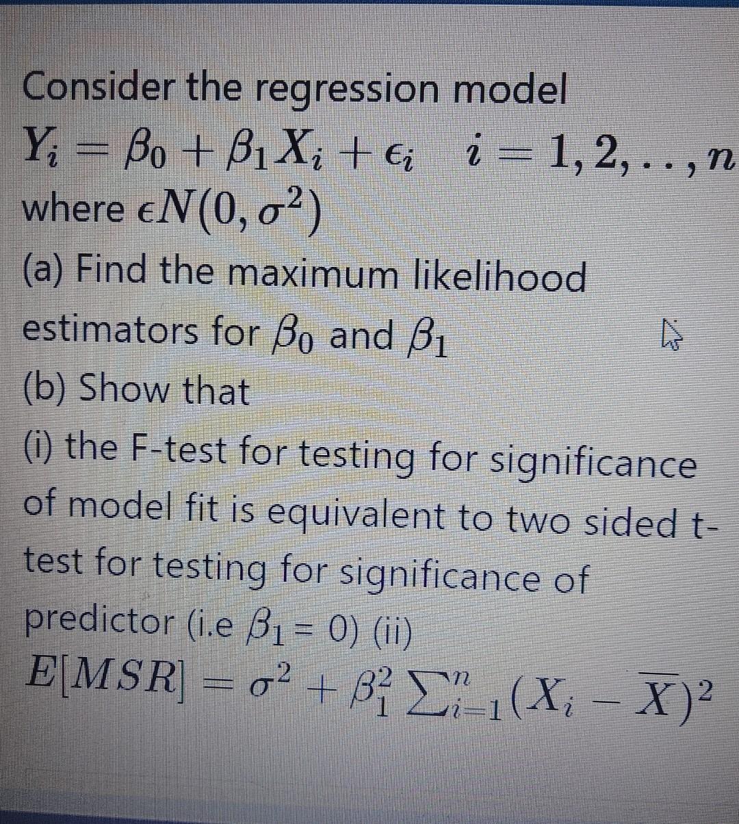 Solved THE NET w Consider the regression model Y; = Bo + | Chegg.com