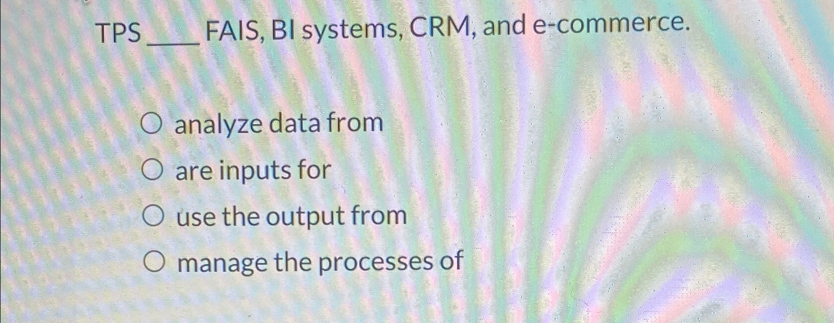 Solved TPS FAIS, BI systems, CRM, ﻿and e-commerce.analyze | Chegg.com