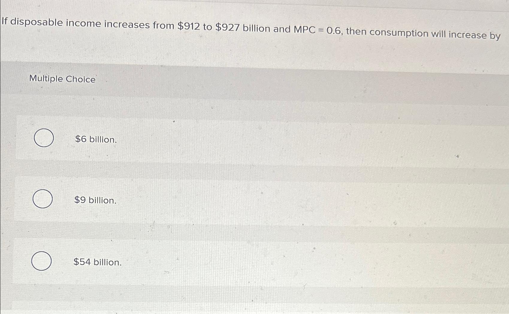 Solved If disposable income increases from $912 ﻿to $927 | Chegg.com