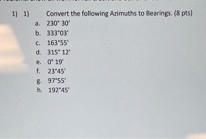 Solved 1) 1) Convert the following Azimuths to Bearings. (8 | Chegg.com