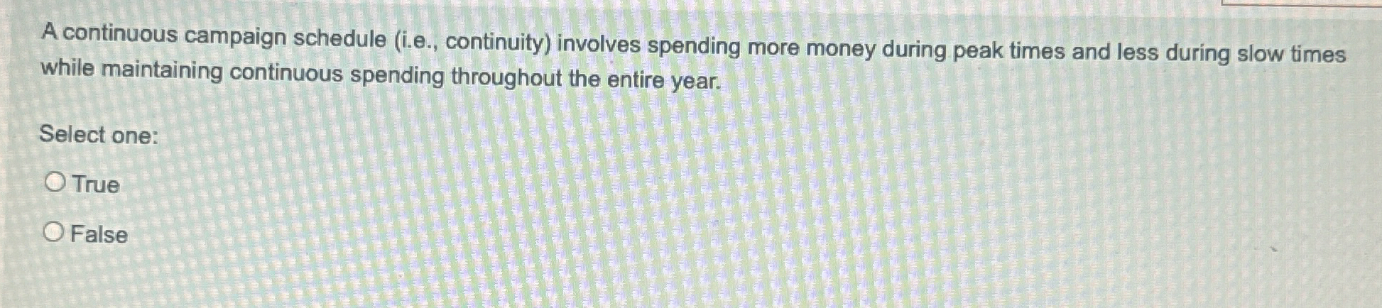 Solved A continuous campaign schedule (i.e., ﻿continuity) | Chegg.com