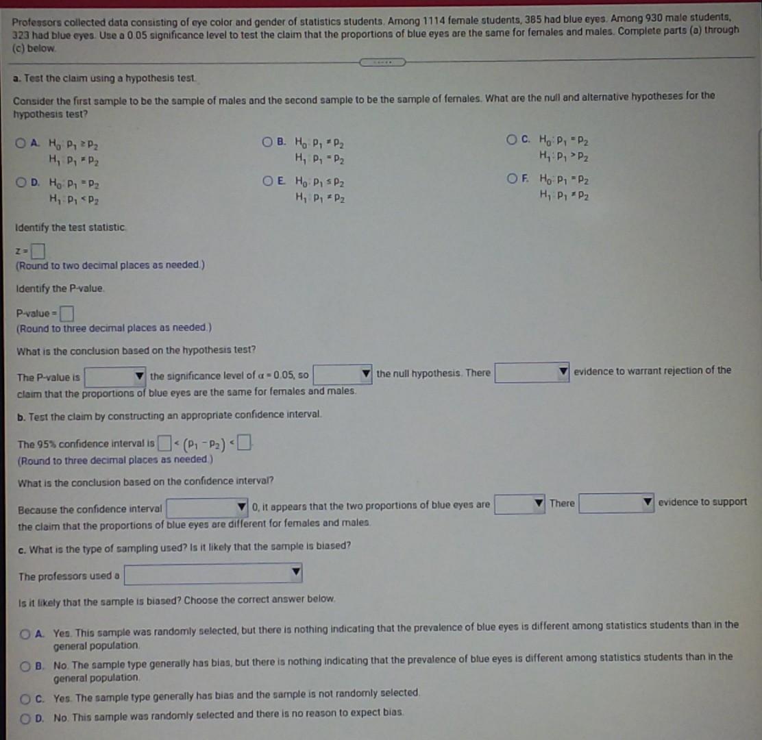 Solved Professors collected data consisting of eye color and | Chegg.com