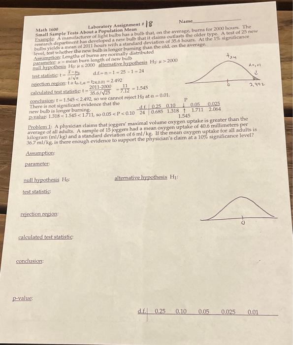 Solved Math 1600 Small Sample Tests About a Population Mean | Chegg.com
