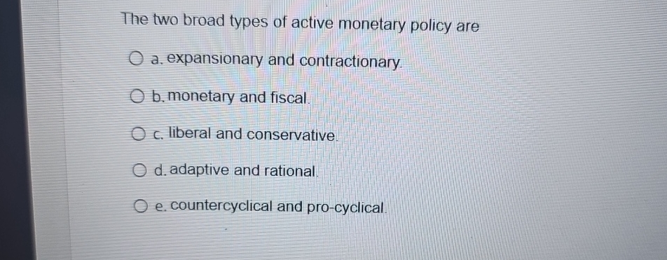 Solved The two broad types of active monetary policy area. | Chegg.com