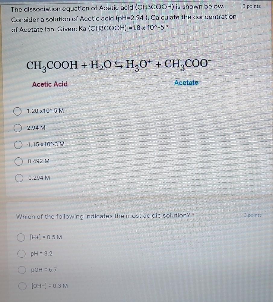 Solved 3 points The dissociation equation of Acetic acid | Chegg.com