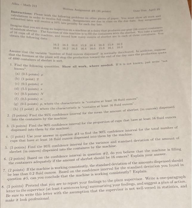 Allen Math 213 Written Assigns #6 (35 points) Date De | Chegg.com