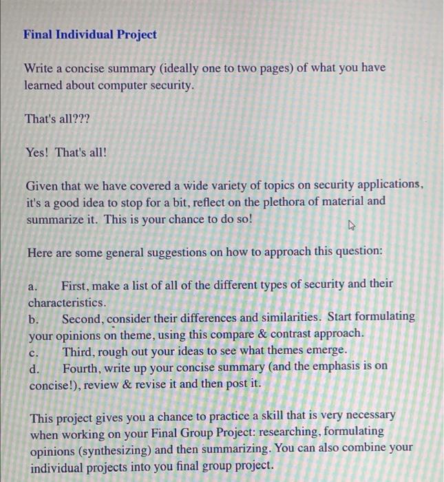 Solved Final Individual Project Write a concise summary | Chegg.com