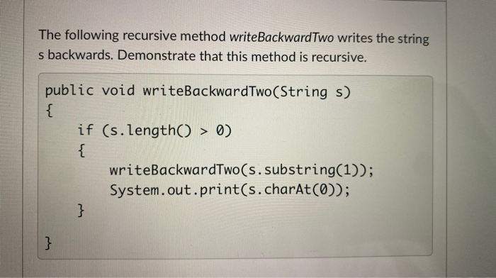 Solved The following recursive method write Backward Two | Chegg.com