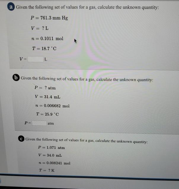 Solved a Given the following set of values for a gas, | Chegg.com