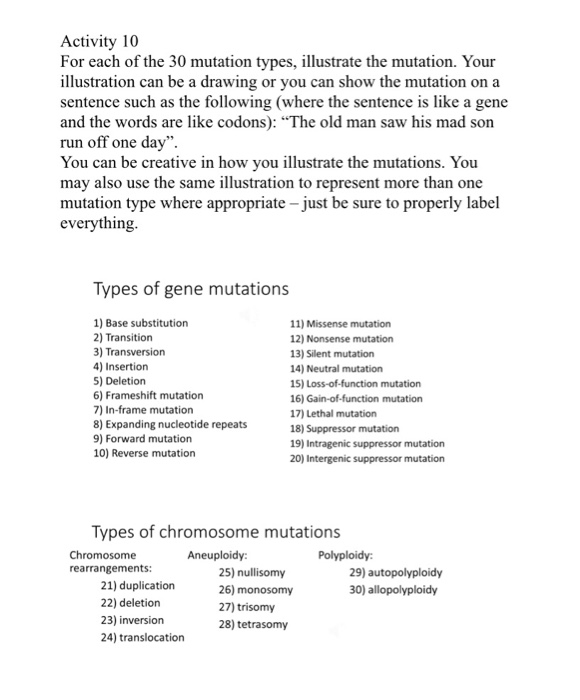 Solved Activity 10 For each of the 30 mutation types, | Chegg.com