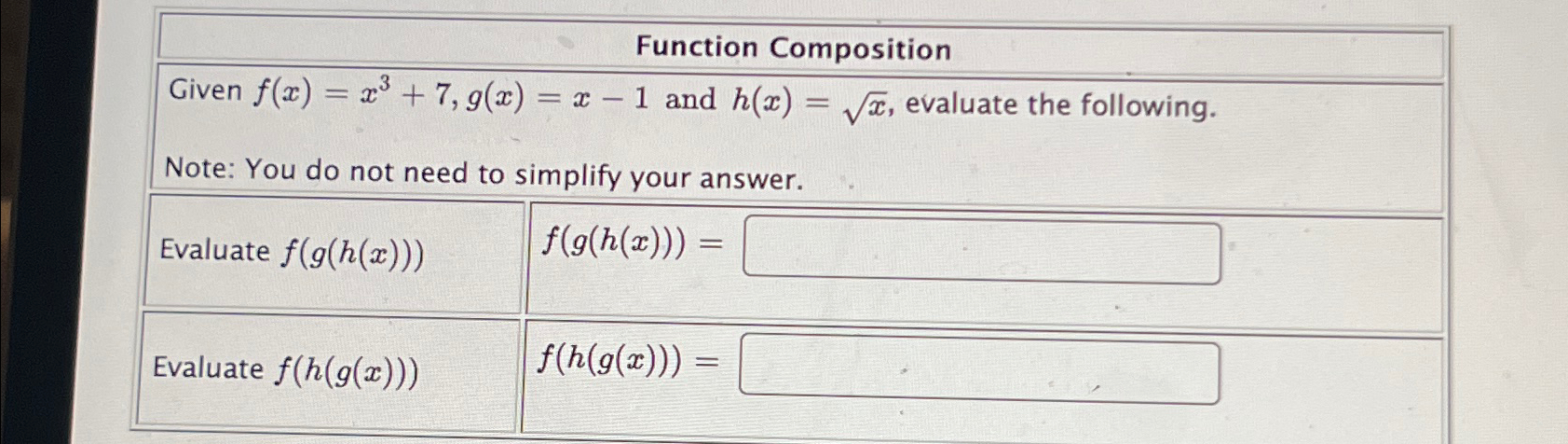 Solved Function CompositionGiven f(x)=x3+7,g(x)=x-1 ﻿and | Chegg.com