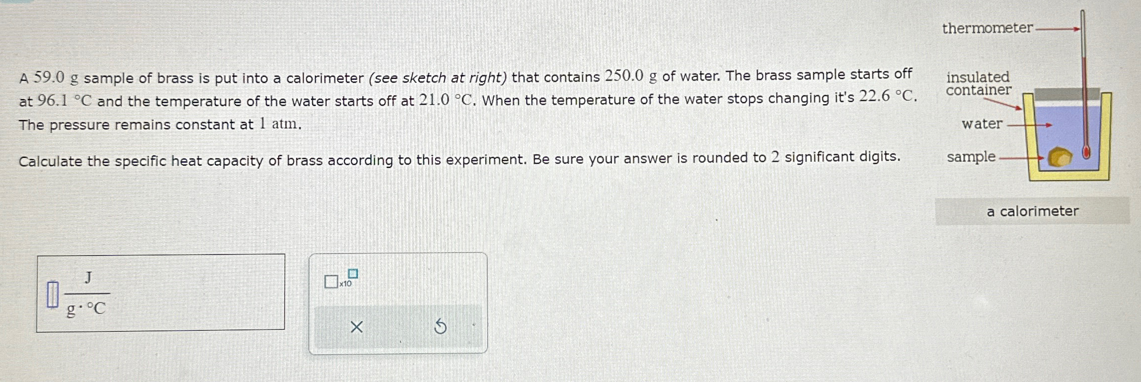 Solved A 59.0g ﻿sample of brass is put into a calorimeter | Chegg.com