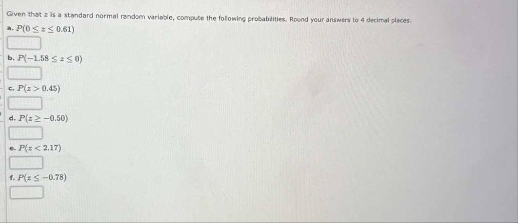 Solved Given that z ﻿is a standard normal random variable, | Chegg.com